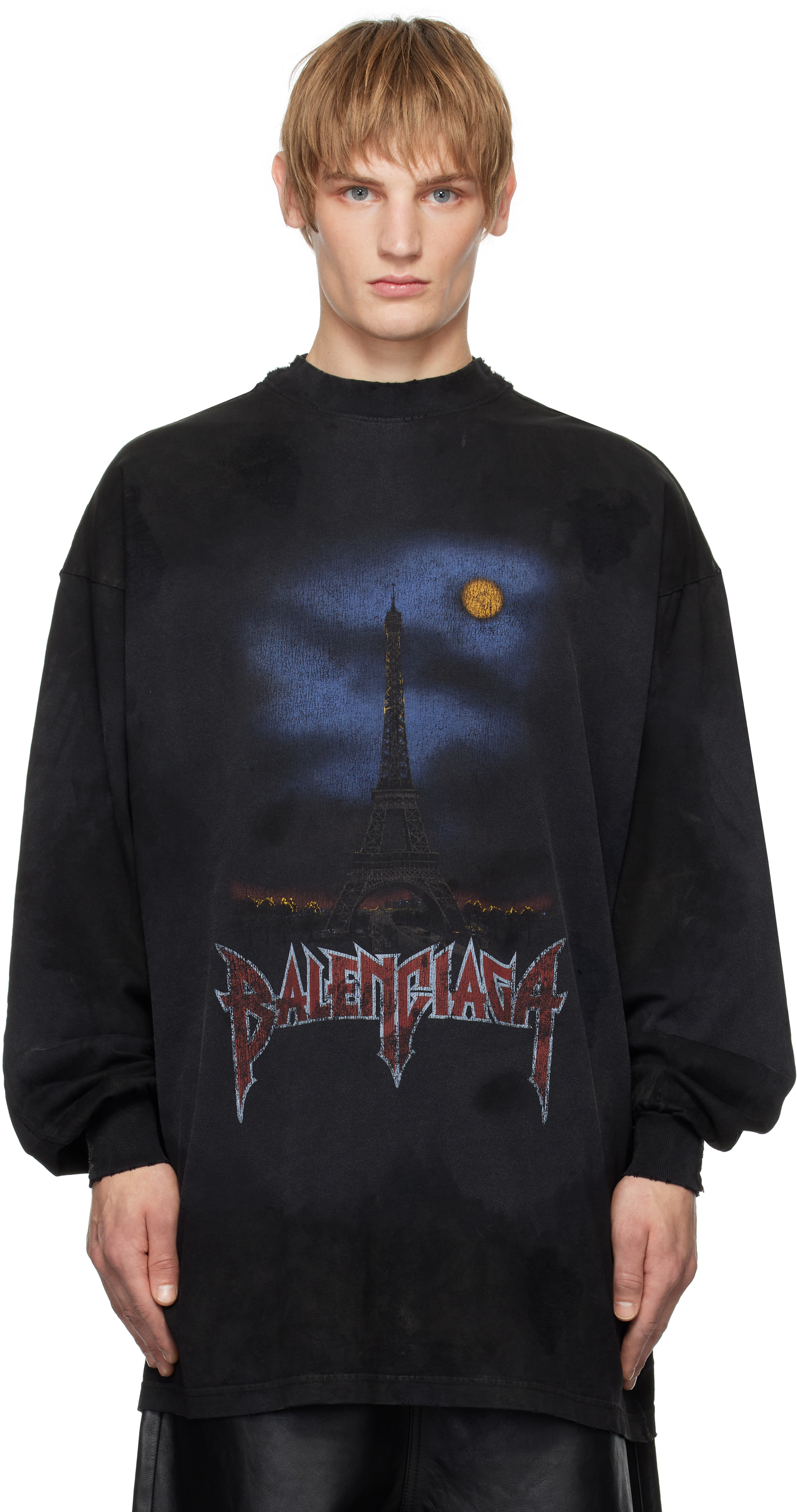 Balenciaga Black Paris Moon Double Front Long Sleeve T-Shirt